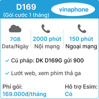 Sim 4G Vinaphone D169 7GB/Ngày - Gói cước 1 tháng | Giá rẻ, data đến 7GB/ngày
