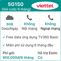 Sim 5G Viettel 6T5G150 6GB/Ngày (Free TV360 4K, 30GB MyBox) - 6 tháng | Giá rẻ