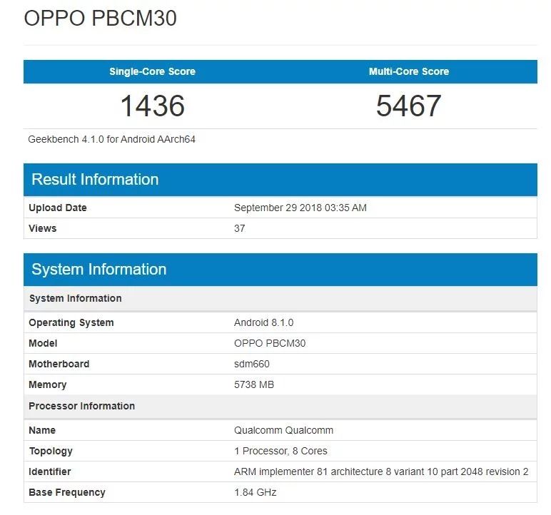 Oppo K1 lộ điểm benchmark trên Geekbench, xác nhận chạy Snapdragon 660