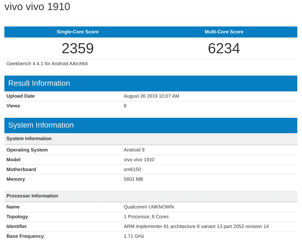 Smartphone Vivo 1910 bí ẩn xuất hiện trên Geekbench: Snapdragon 675 ...