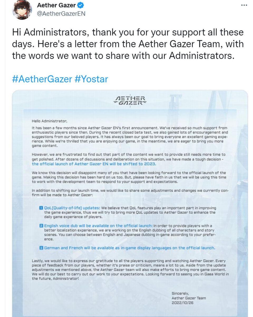 Aether Gazer dời dự định ra mắt toàn cầu sang năm 2023 Sforum