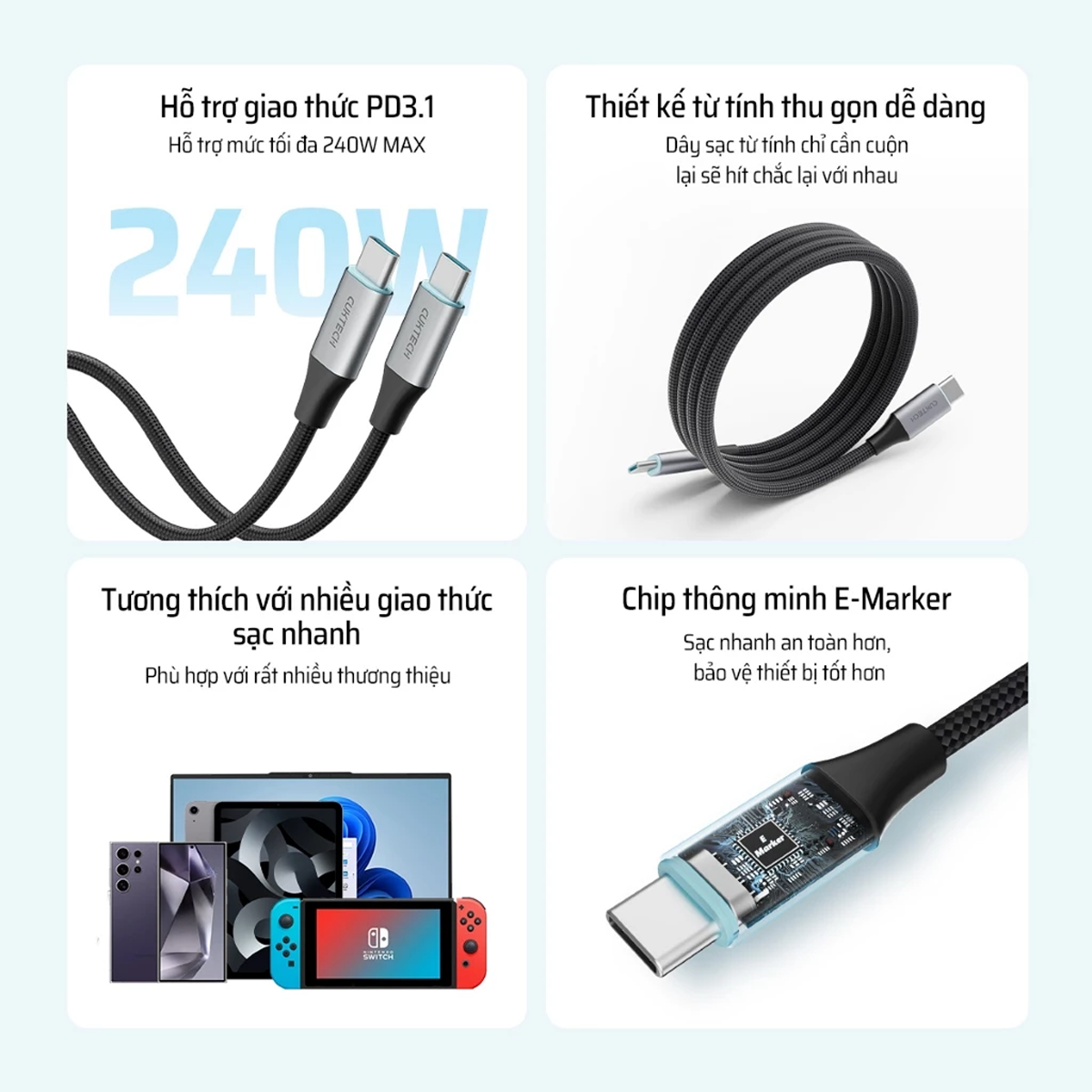 Cáp Cuktech từ tính Type-C to C 6A 240W dài 1M CMC610 | Giá rẻ