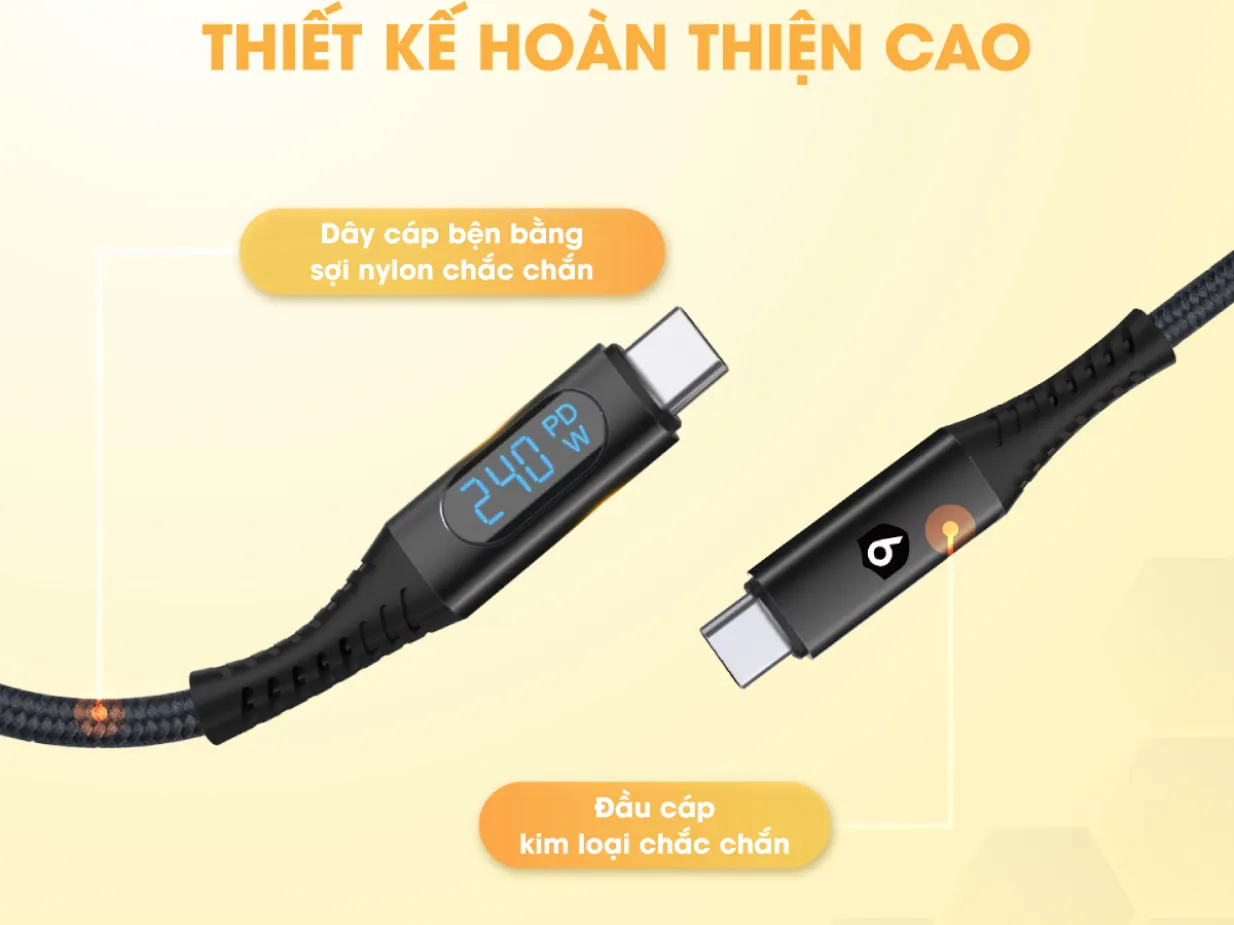 Cáp 9fit Supreme USB-C to USB-C LCD 240W dài 1m 9C24 | Giá rẻ