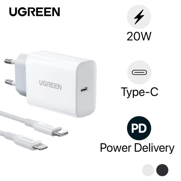 Combo sạc Ugreen PD 20W kèm cáp Type-C to Lightning MFI CD137 (chân không gập) | Giá rẻ