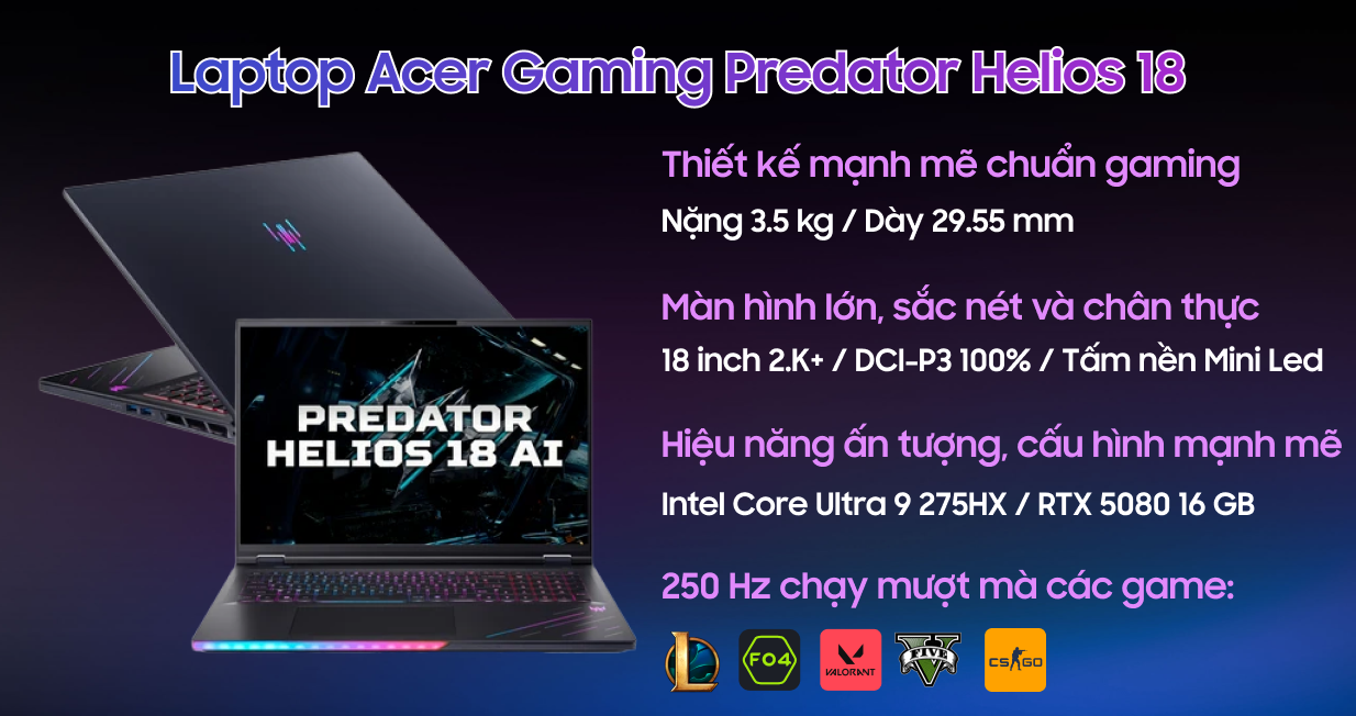 Laptop Acer Gaming Predator Helios 18 AI PH18-73-93P0 | Giá rẻ, trả góp 0%