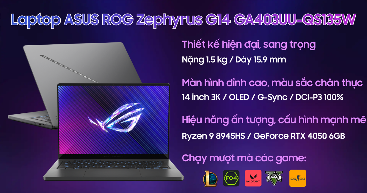 Laptop ASUS Gaming ROG Zephyrus G14 GA403UU-QS135W | Giá rẻ, trả góp 0%