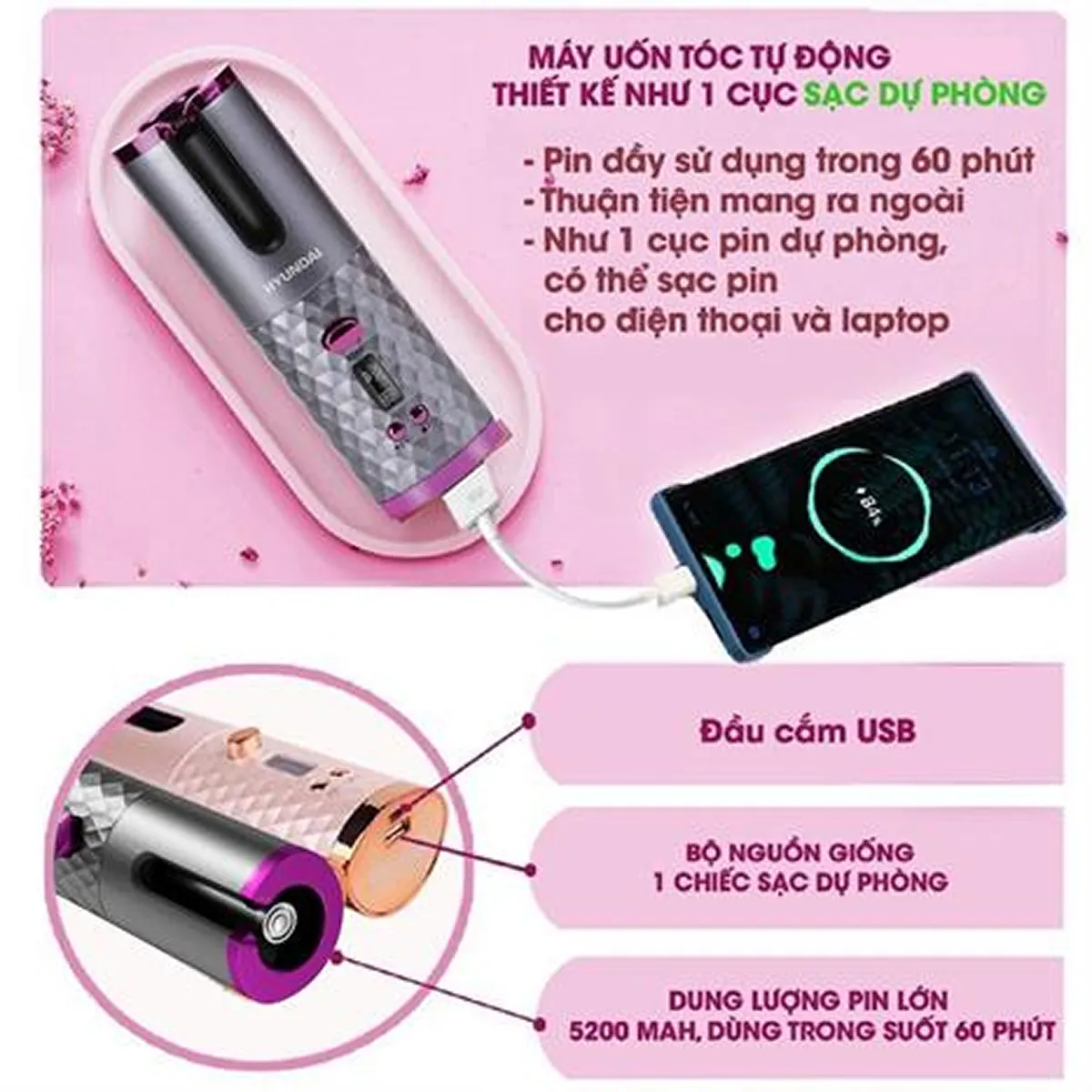Máy uốn tóc không dây Hyundai - HC-120-GY | Giá rẻ