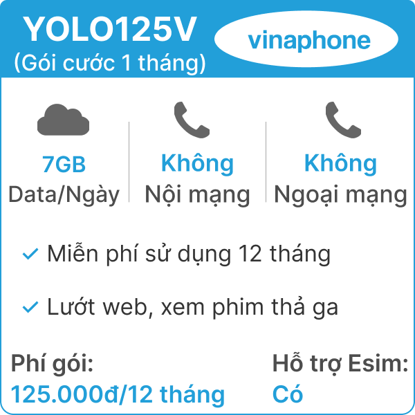 Sim Vinaphone YOLO125V 7GB/Ngày - Gói cước 1 tháng | Giá rẻ, data đến 7GB/ngày