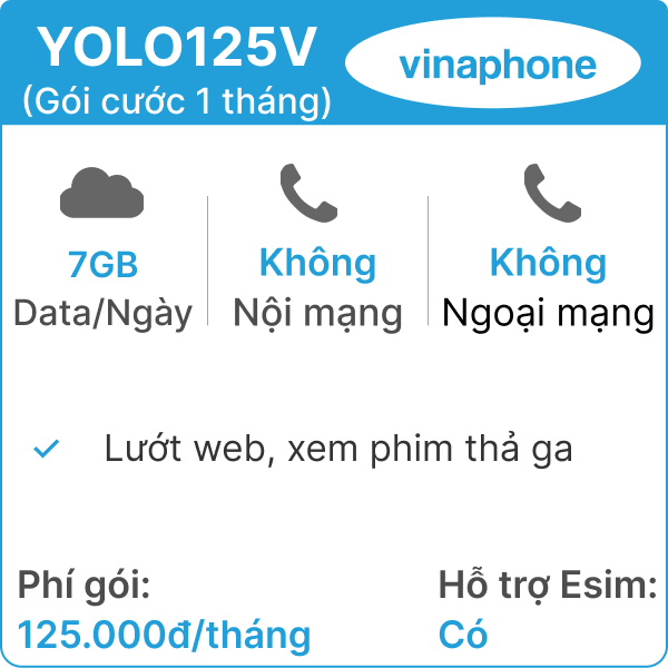Sim Vinaphone YOLO125V 7GB/Ngày - Gói cước 1 tháng | Giá rẻ, data đến 7GB/ngày